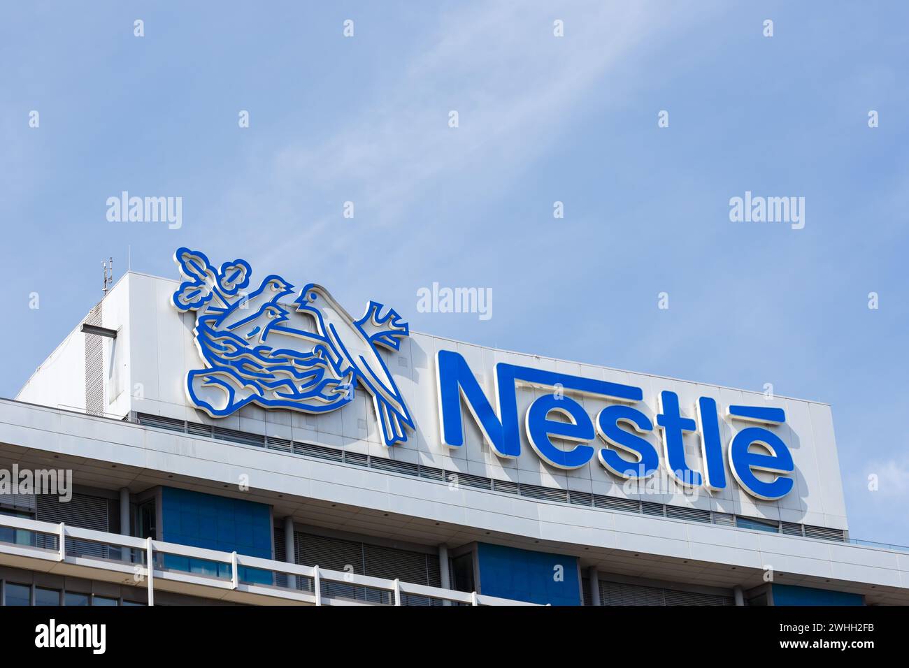 German headquarters of the food company Nestle with logo in Frankfurt ...