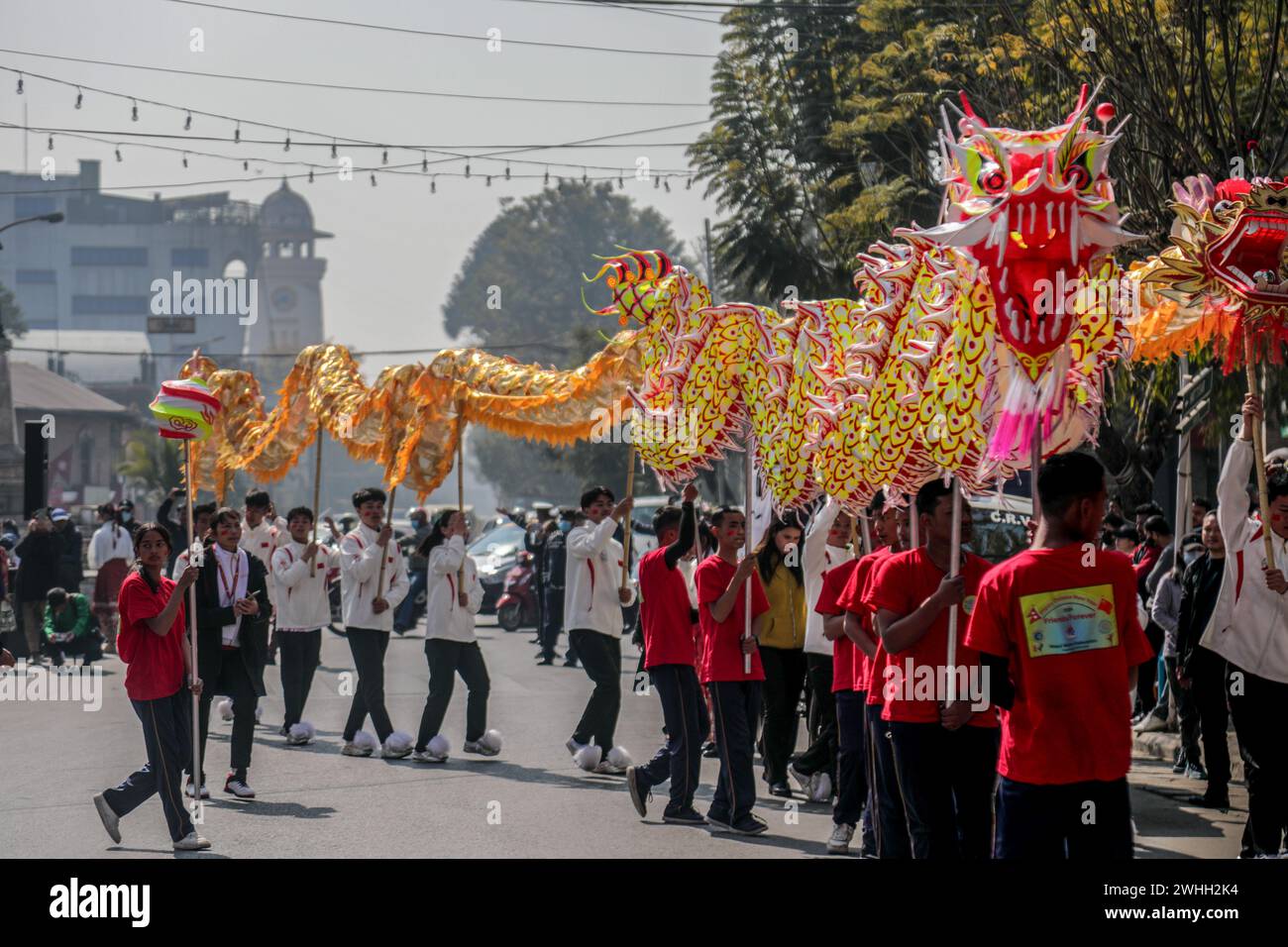 Kathmandu, Nepal. 10th Feb, 2024. Artists perform the dragon dance ...