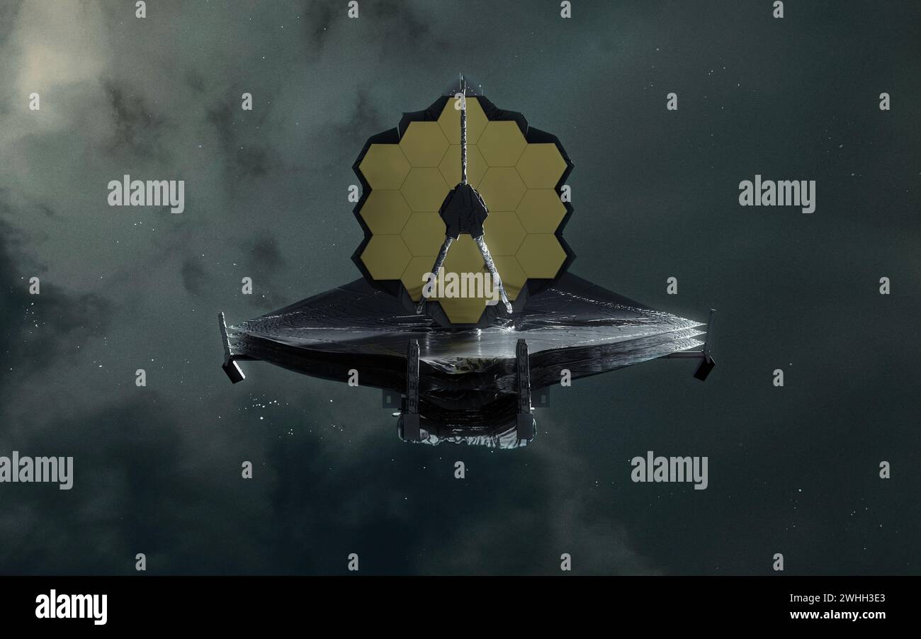 James Webb telescope explores deep space. JWST launch art. Elements of ...