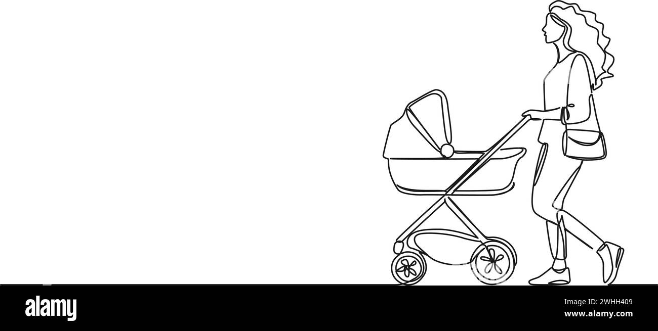 continuous single line drawing of woman with baby stroller, line art ...