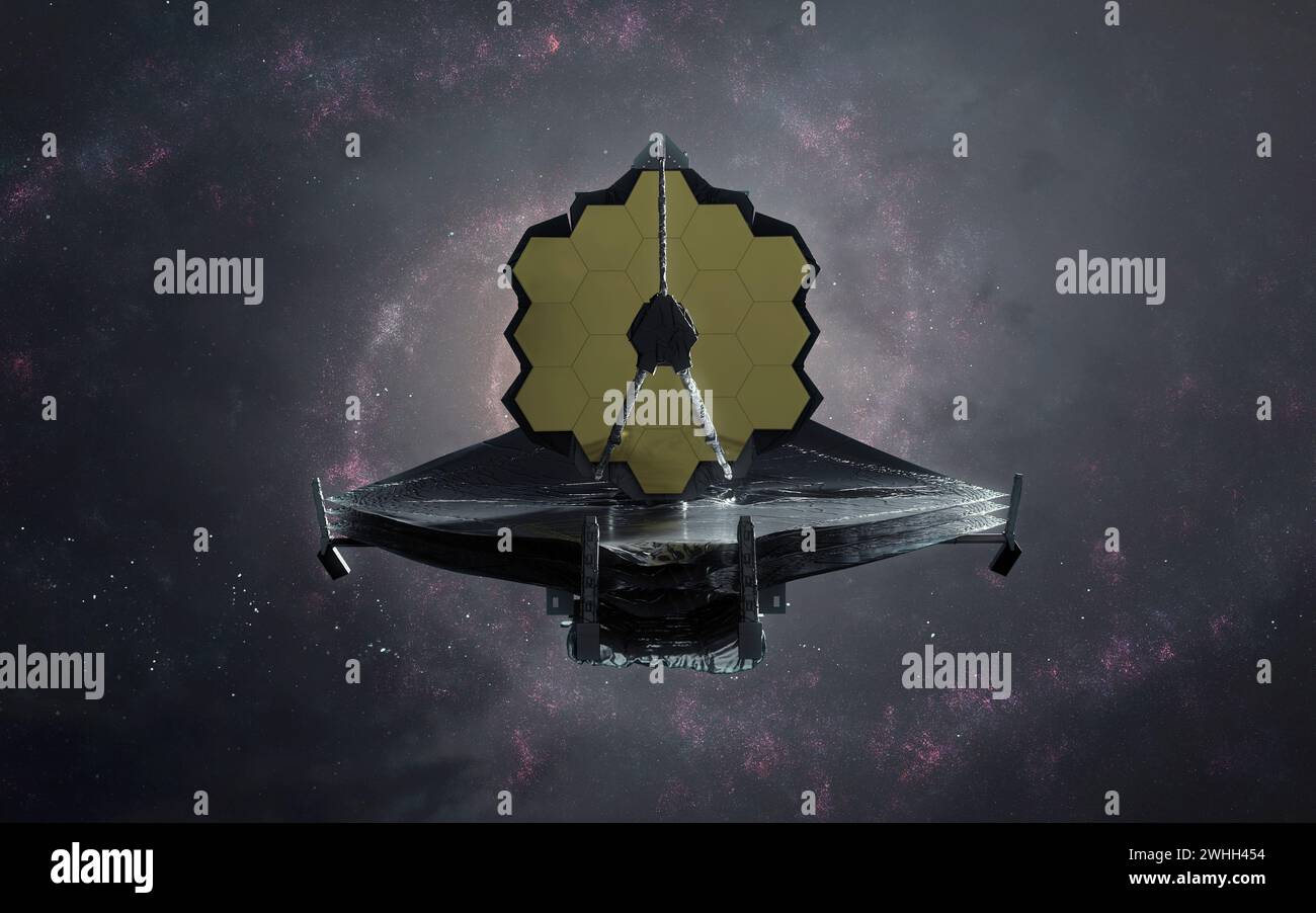 James Webb telescope looks at deep space. JWST launch art. Elements of ...