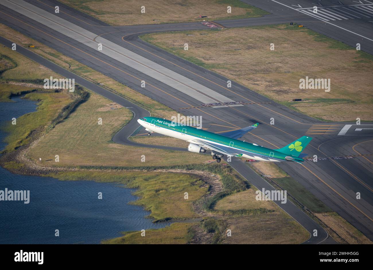 An Aer Lingus airplane shortly after taking off from Boston's Logan ...