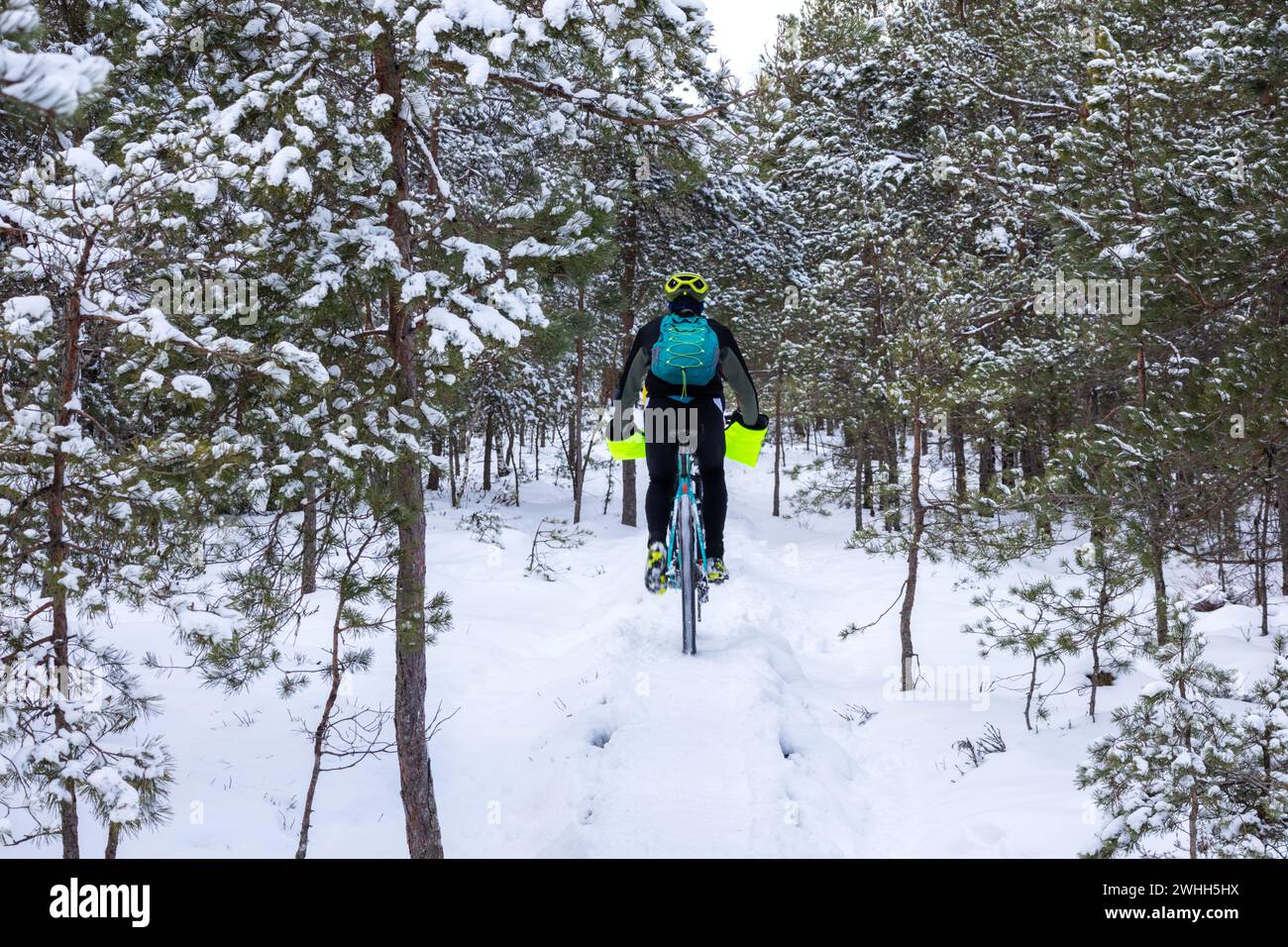 A cyclist in a colorful outfit rides on a trail in the winter snow ...
