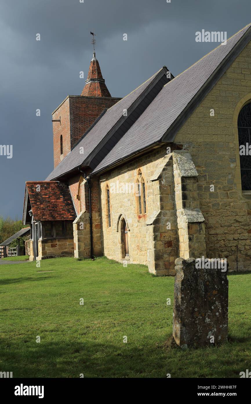 View through churchyard to All Saints Church, Tudeley, Tonbridge, Kent ...