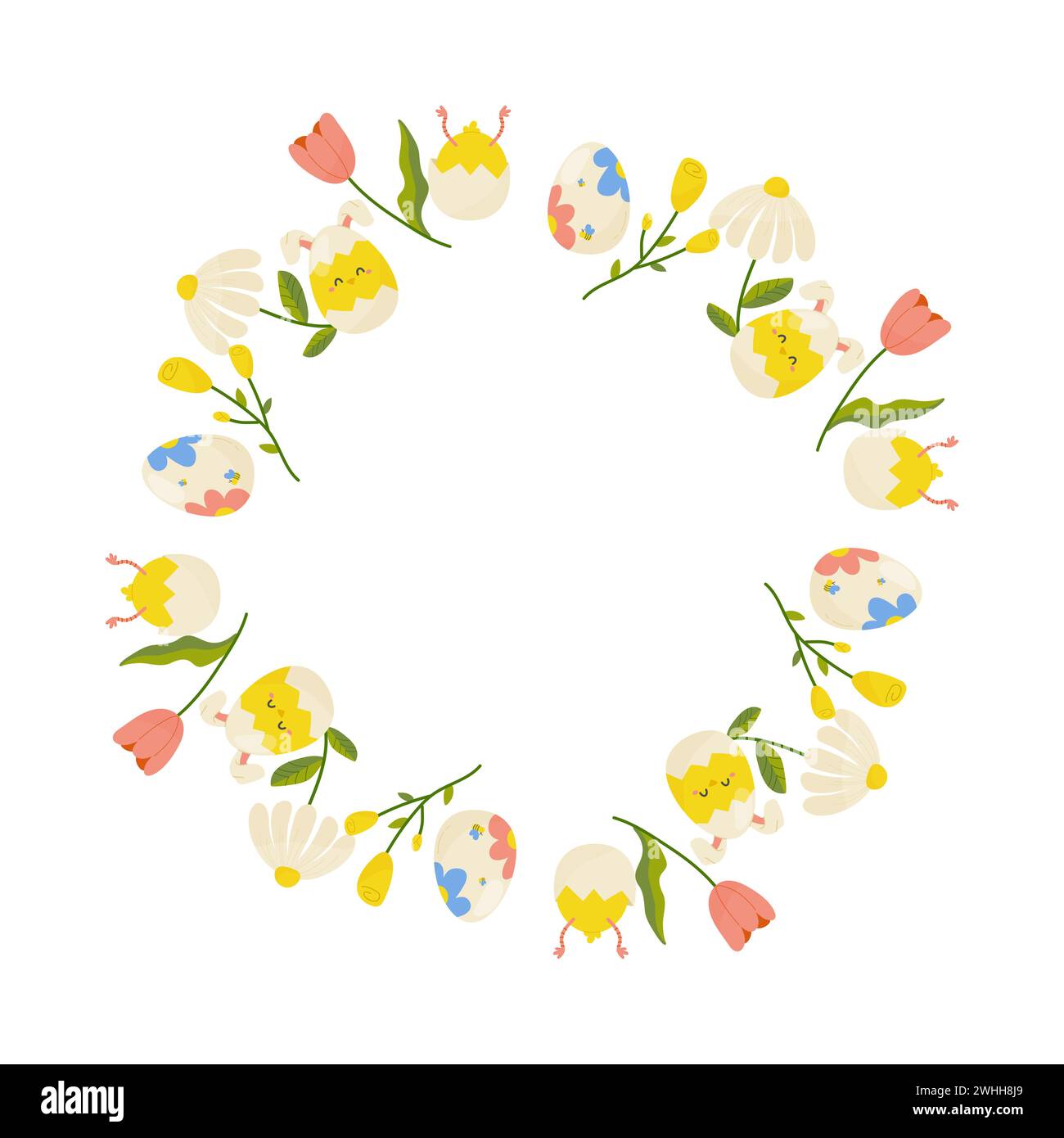 Easter eggs and flowers round frame, ornament, spring. On isolated ...