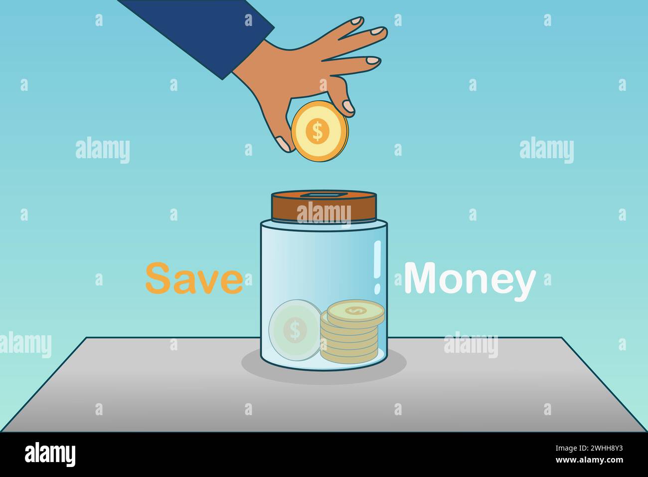 Hand putting coin in the glass jar. Learning how to save money. Vector ...
