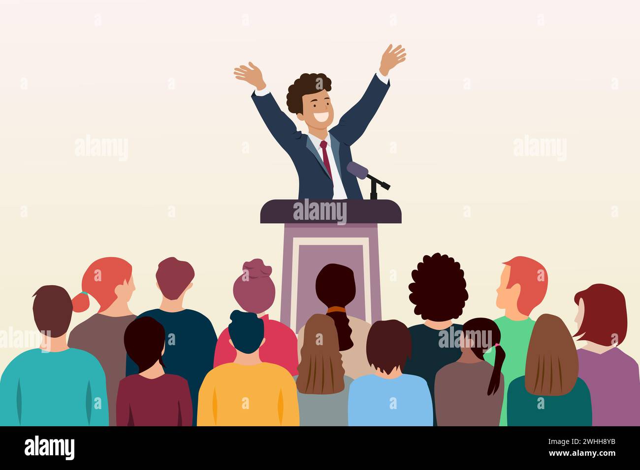 Man behind podium during stage speech. Orator with audience. Public ...