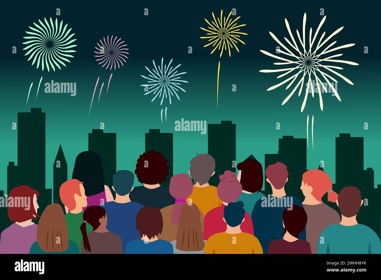 Crowd of people watching fireworks celebration. Panorama of night ...