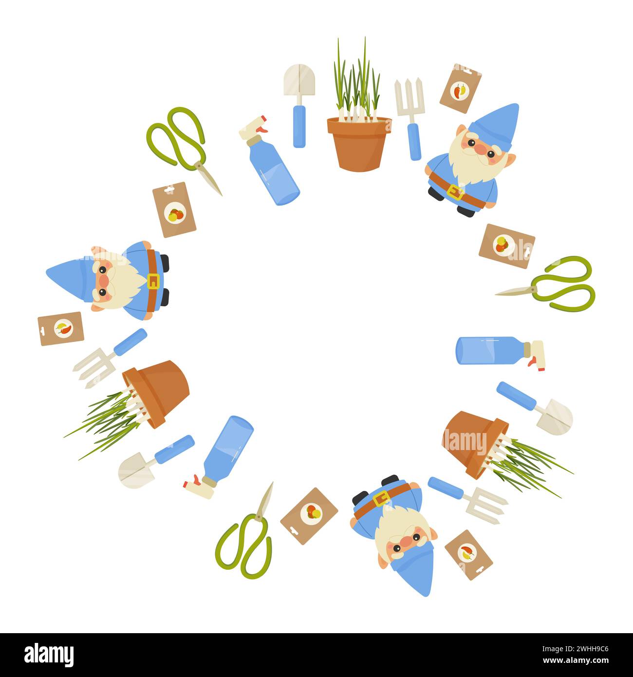 Garden round frame, ornament, spring. Planting plants, garden gnome ...