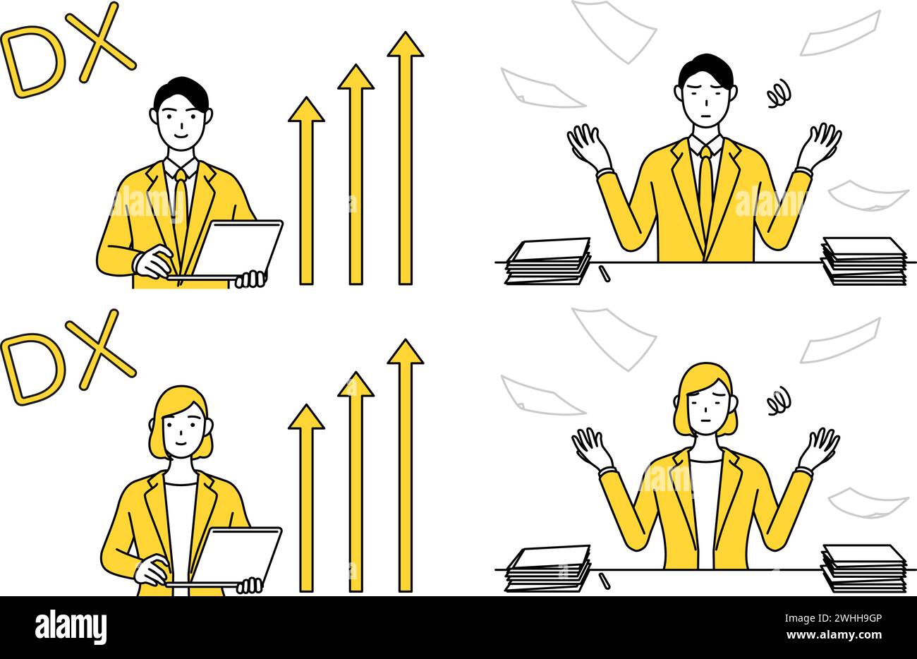 Simple line drawing illustration of a man and a woman in suits, before ...