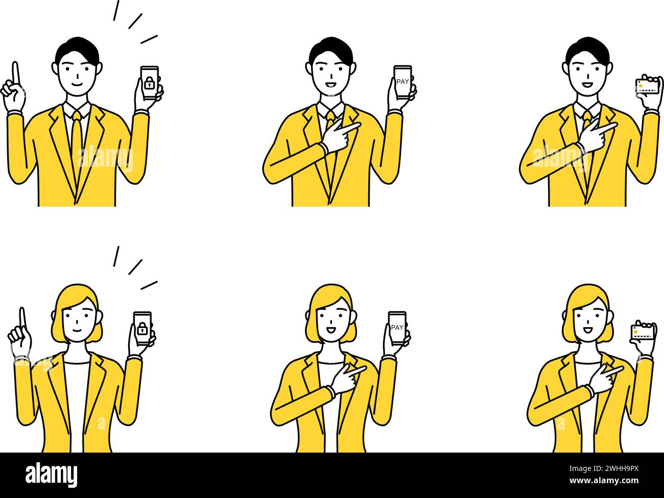 Simple line drawing illustrations of a man and a woman in suits, a set ...