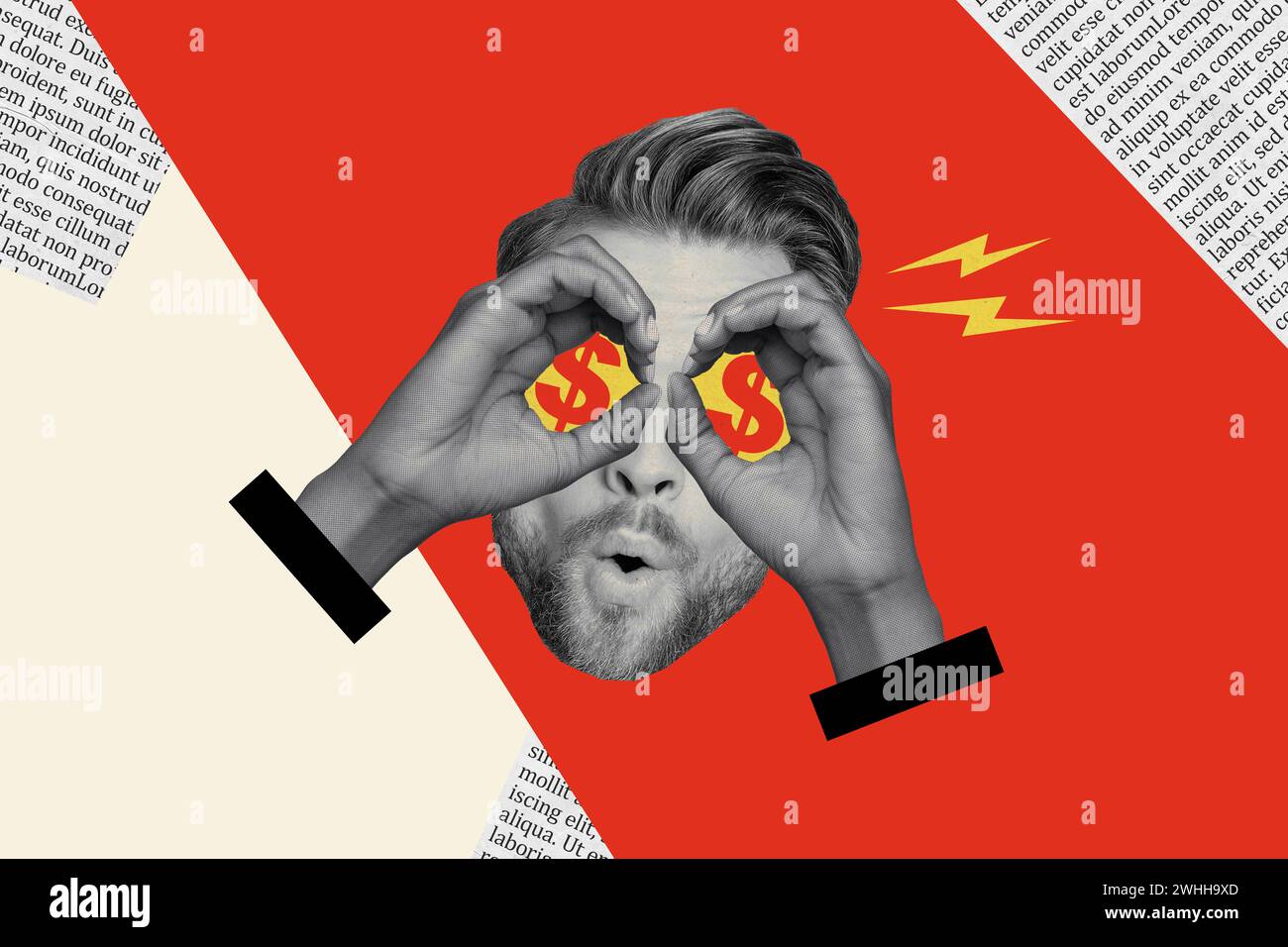 Creative collage picture young crazy guy addicted money wealth dollar ...