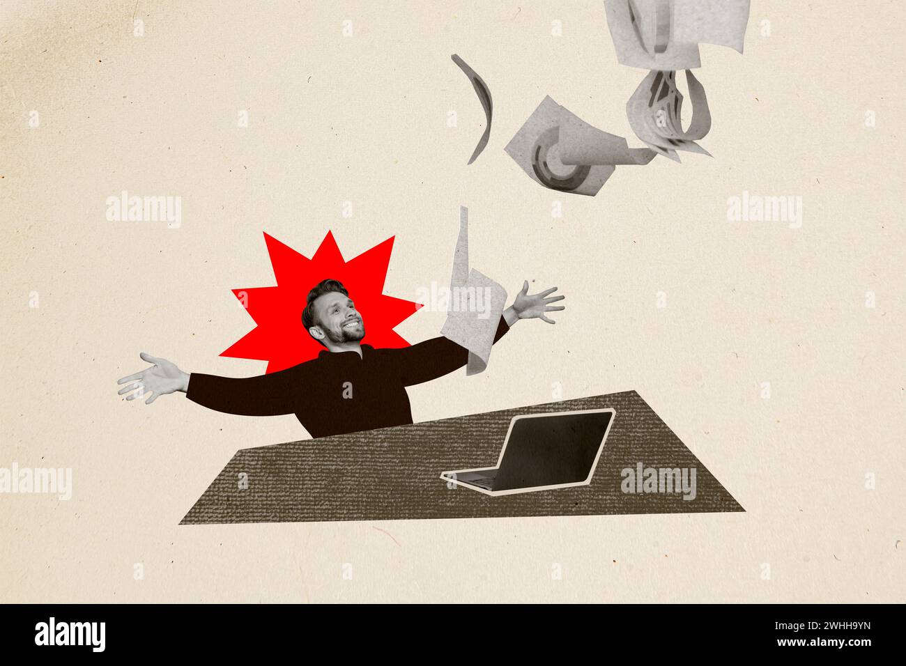 Collage photo picture young man employee workaholic happy complete ...