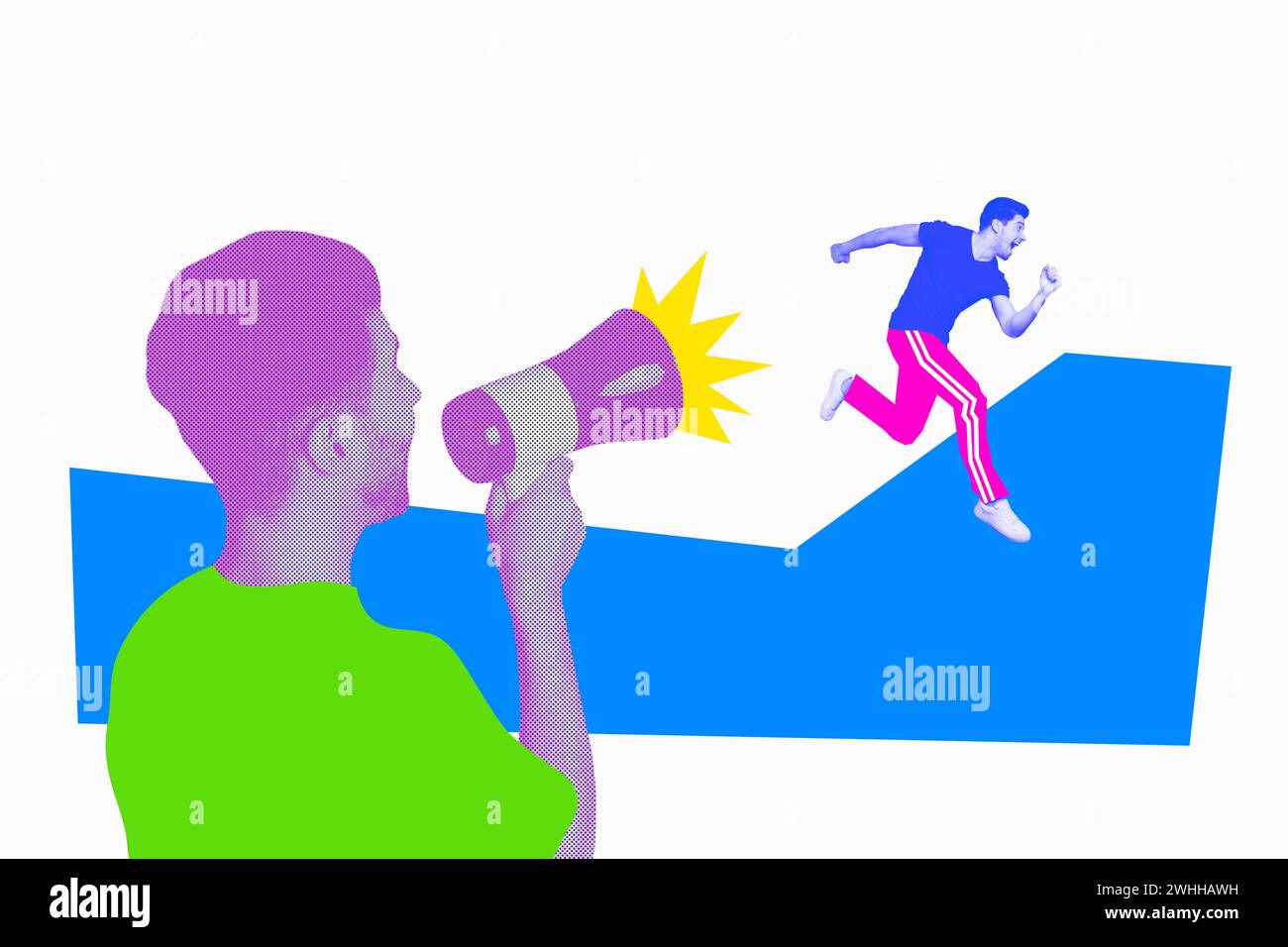 Collage young running sportsman guy marathon competition rush megaphone ...