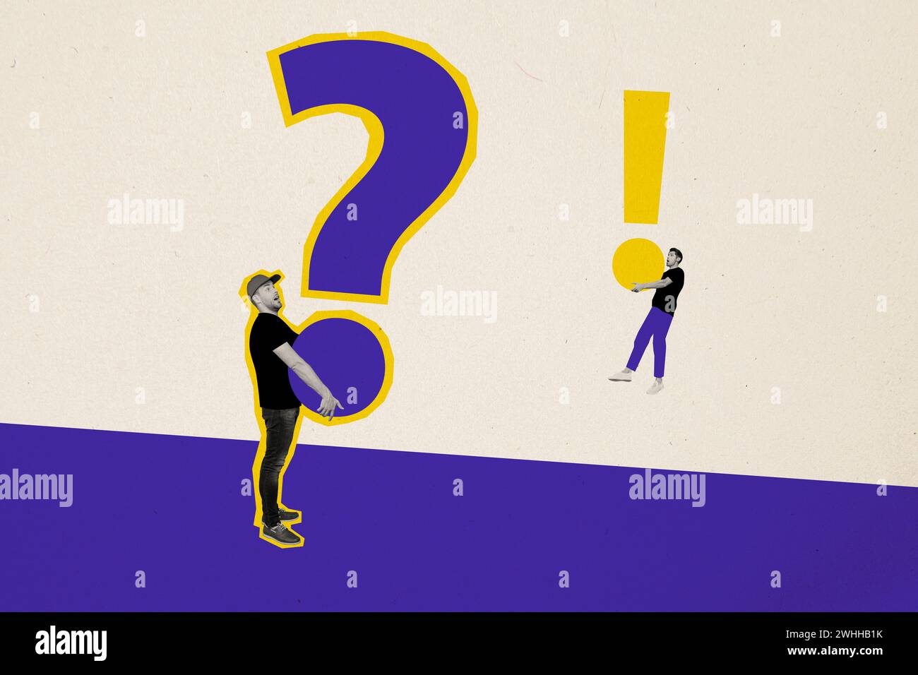 Photo collage two standing man carry hold reaction symbols exclamation ...