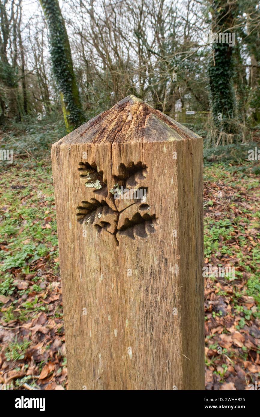National Trust logo carved into a wooden post beside a walkers car park ...