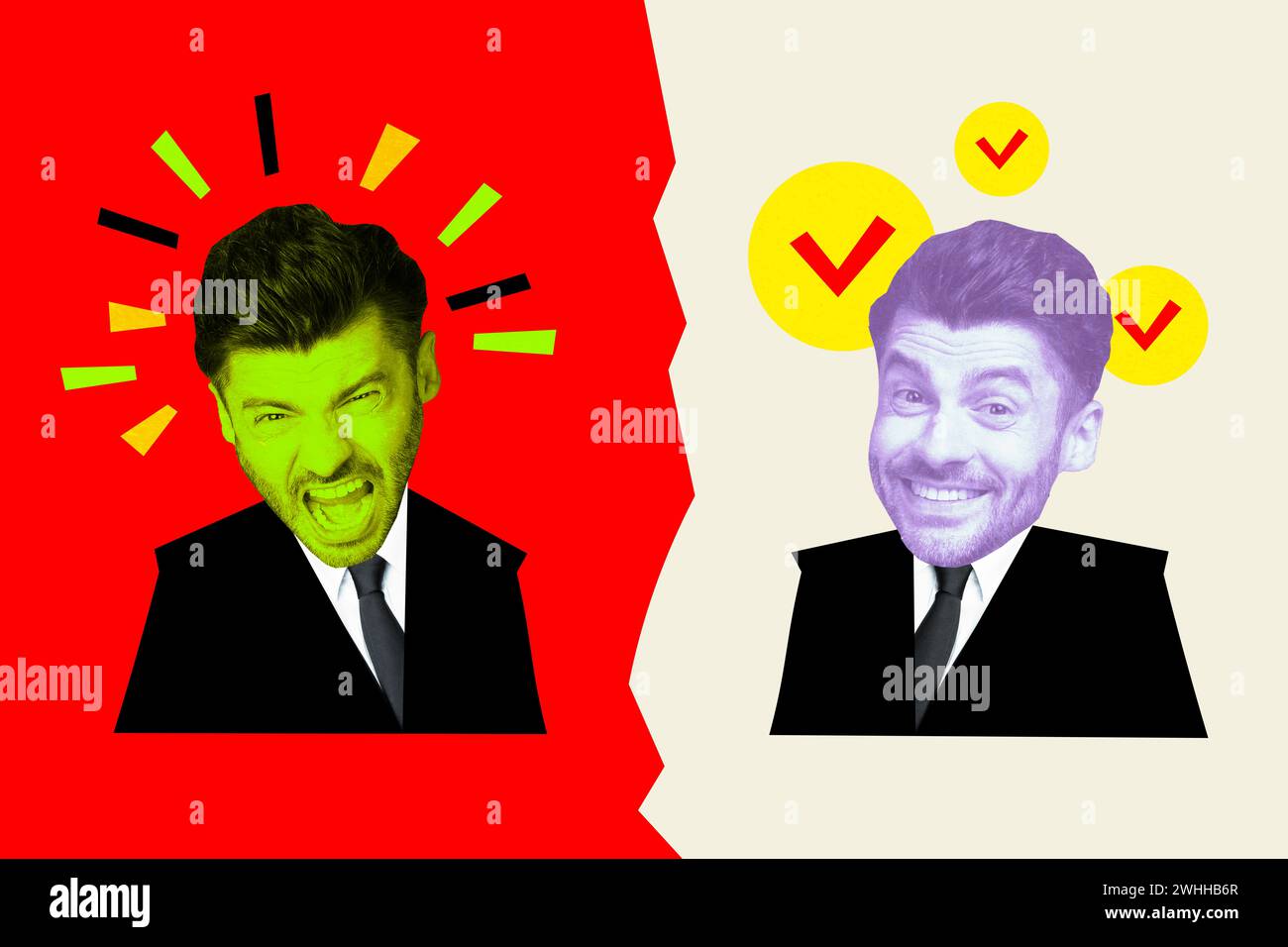 Collage young man two personalities sides angry furious outraged ...