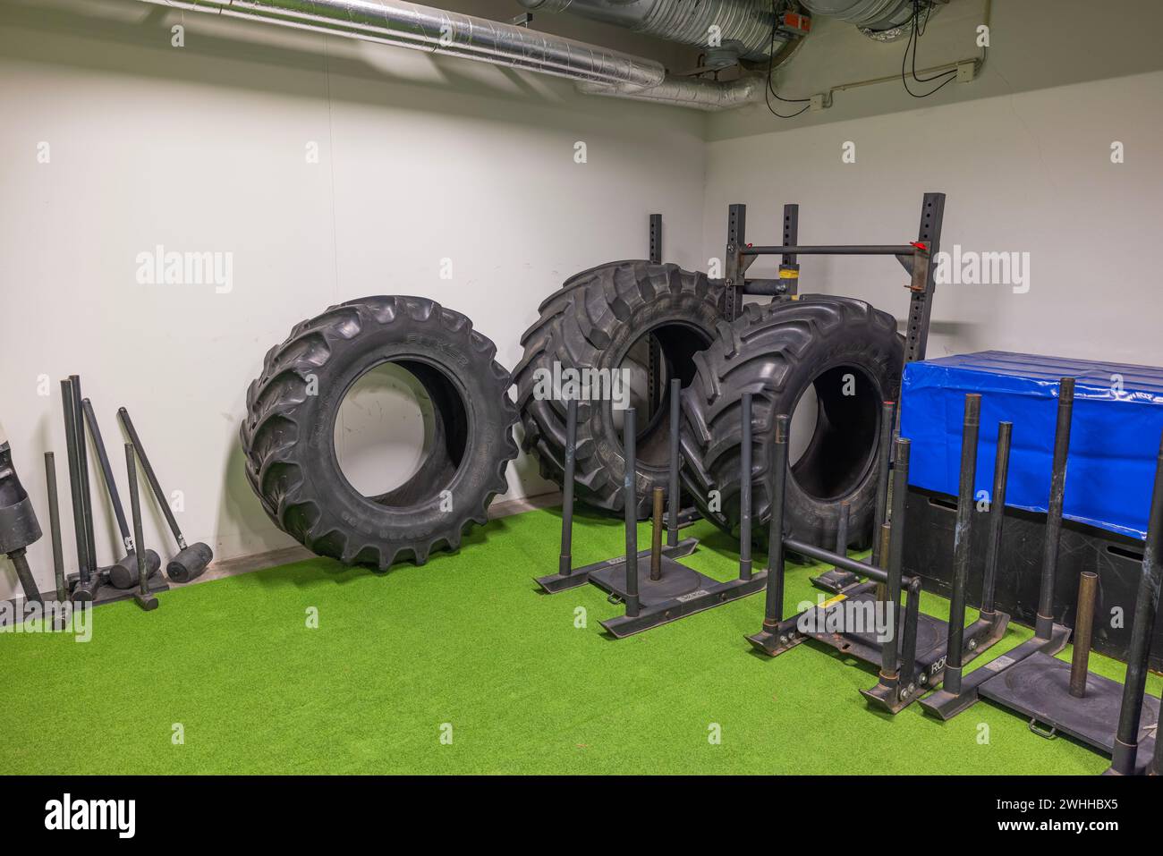 Gym featuring oversized tires for strongman training and array of ...