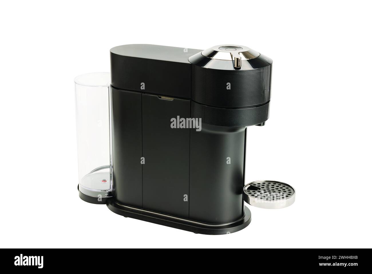 Close-up view of capsule coffee machine isolated on white background ...