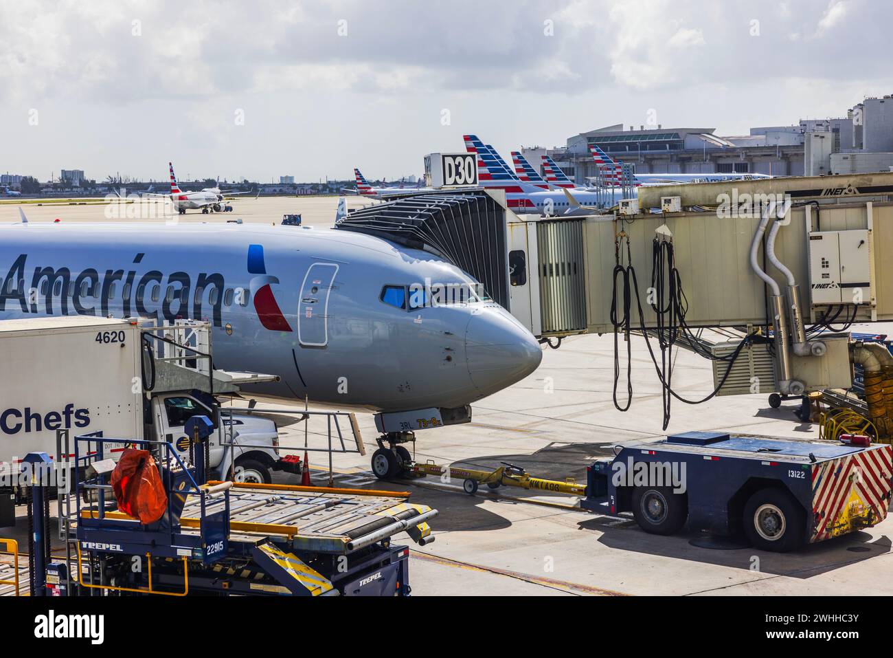 Close-up view of American Airlines plane at Miami Airport, connected to ...
