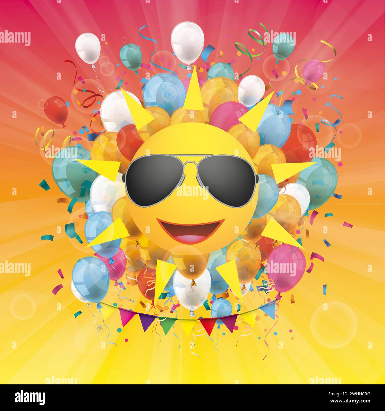 Cool sun with colored balloon in the orange sky. Eps 10 vector file ...