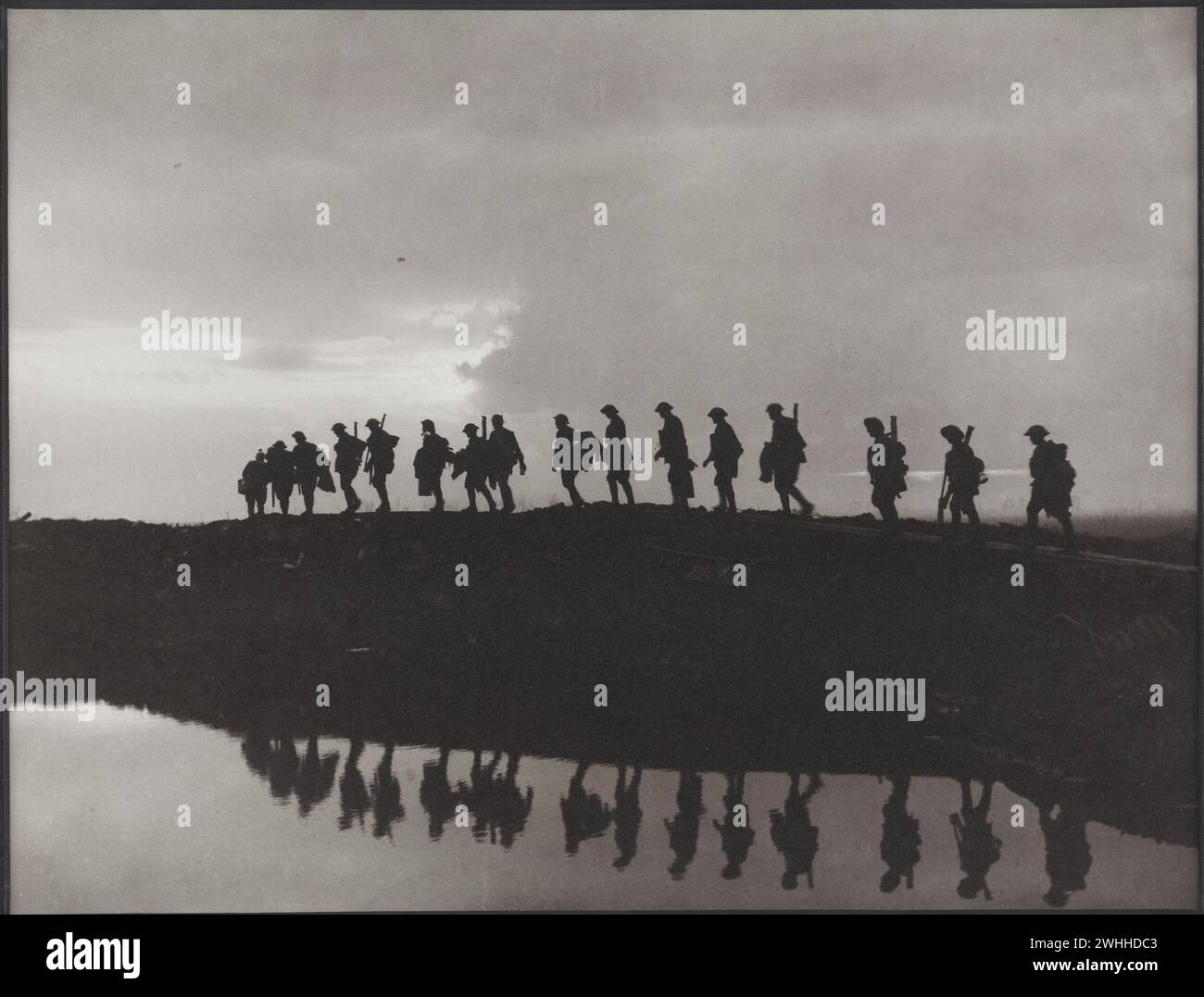 WWI Belgium: Soldiers silhouetted against the sky marching during the ...