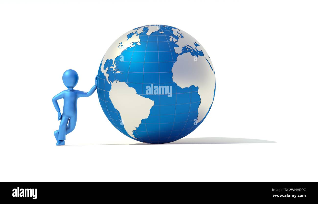 Character next blue 3d globe Stock Photo - Alamy