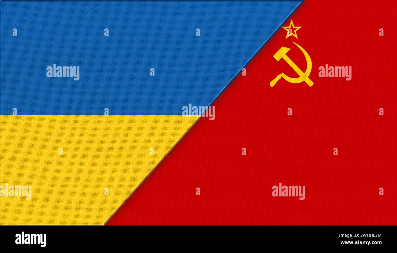Flag of Ukraine and USSR. Ukrainian and red Soviet flags on fabric ...
