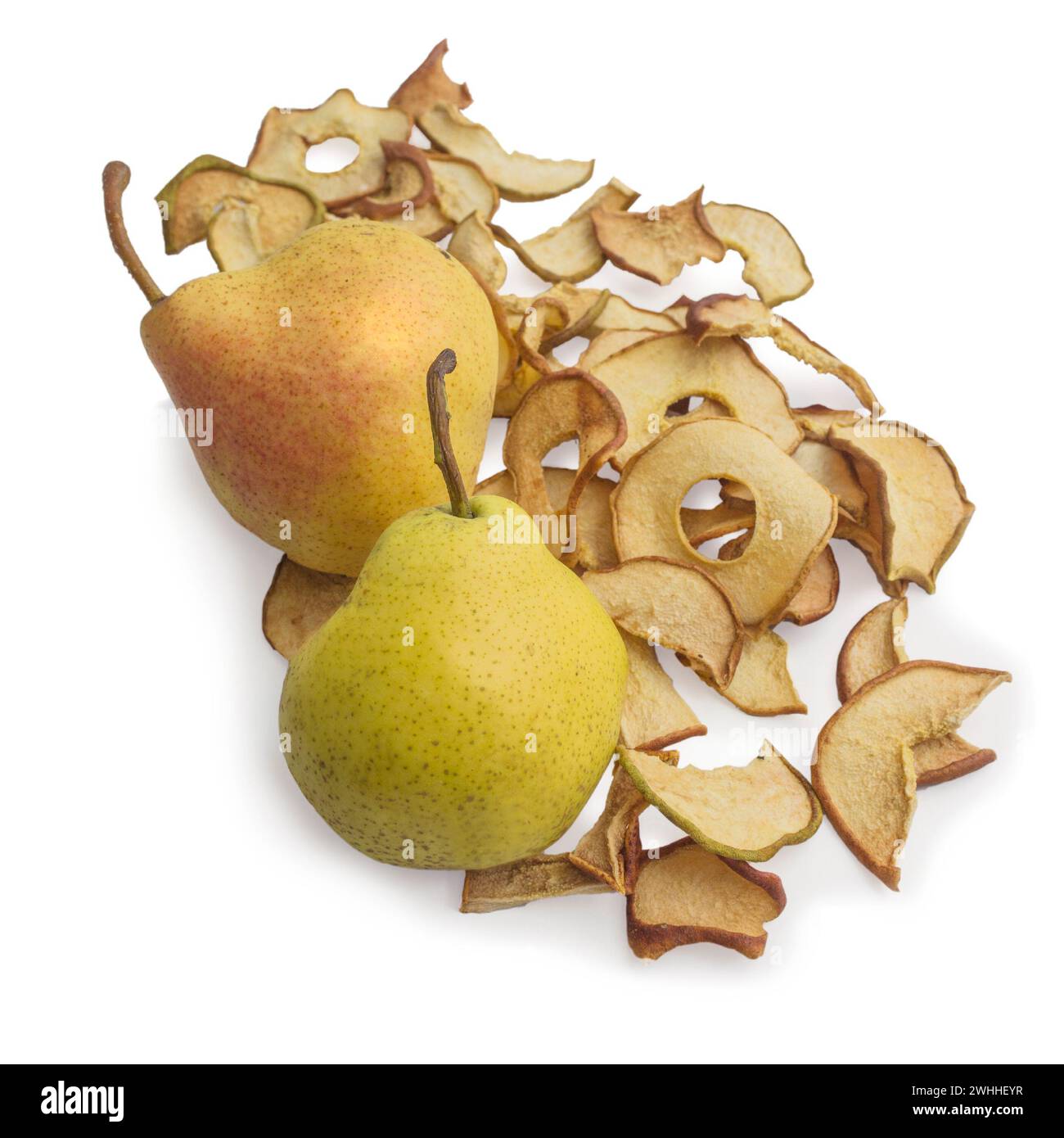 Two ripe pears and dried fruits on a white background isolated Stock ...