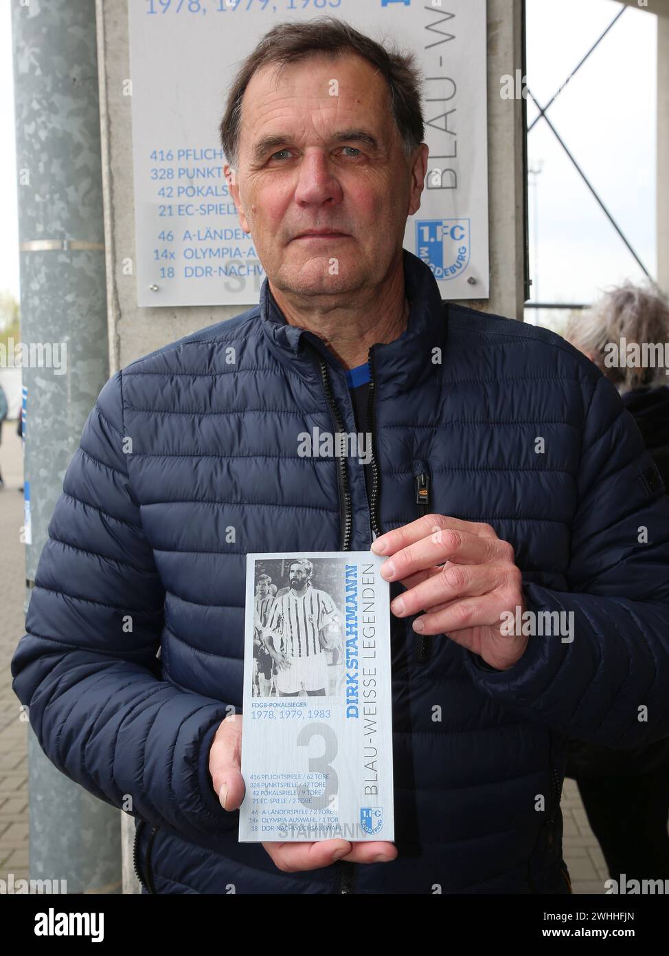 Dirk Stahmann blue and white legend 1.FC Magdeburg with plaque on 04/29 ...