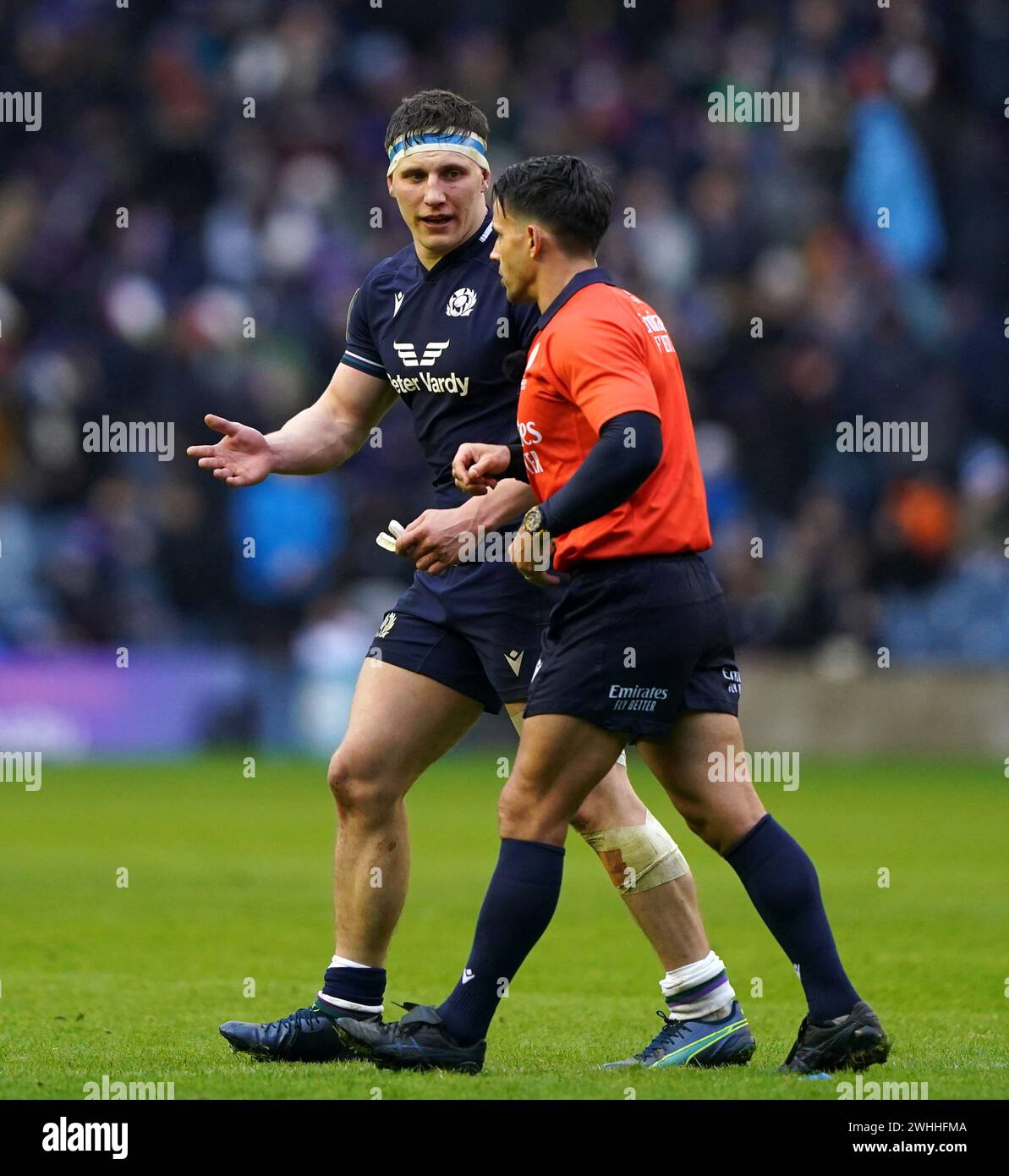 Scotland's Rory Darge speaking to referee Nic Berry during the Guinness ...