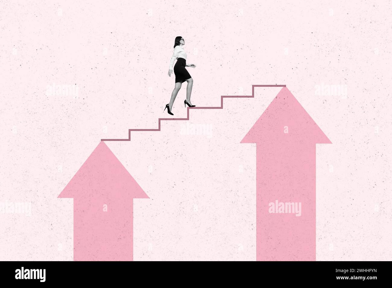 Creative trend collage of successful female walk up stairs motivation ...