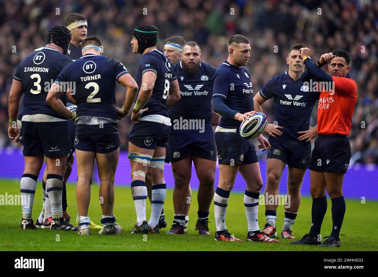 Referee Nic Berry with Scotland players during the Guinness Six Nations ...
