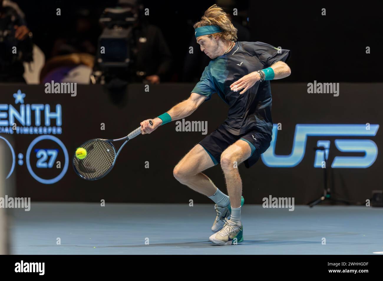 Oslo, Norway 10 February 2024 Andrey Rublev of Russia plays a forehand ...