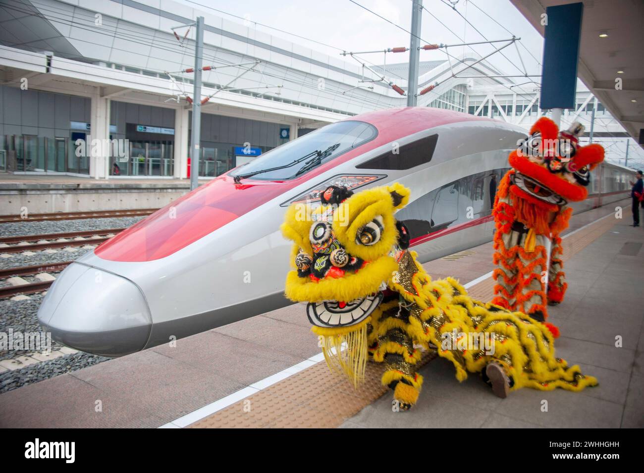 Padalarang, Indonesia. 10th Feb, 2024. Lion dance performers pose for ...