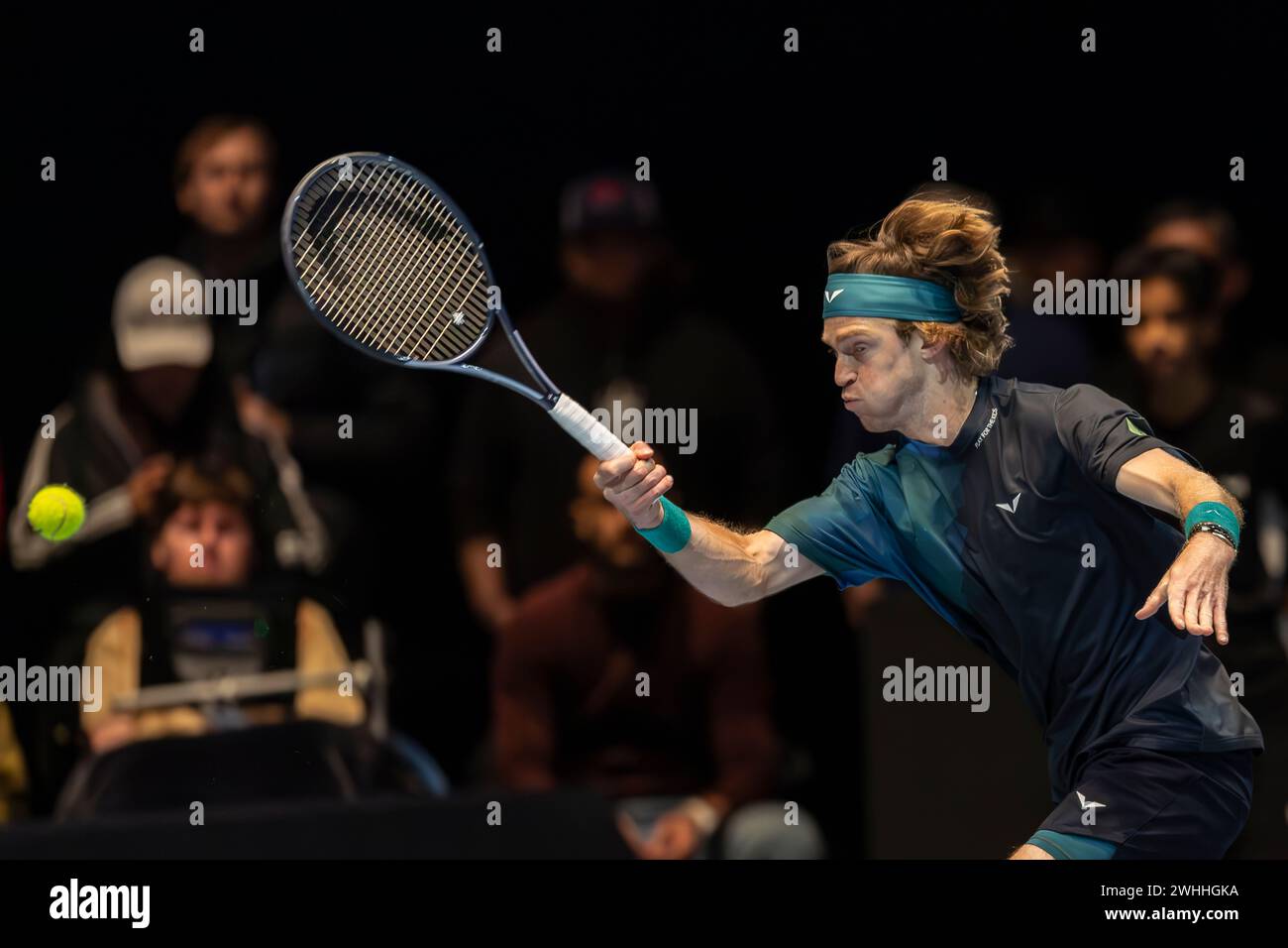 Oslo, Norway 10 February 2024 Andrey Rublev of Russia plays a forehand shot against Alex De ...