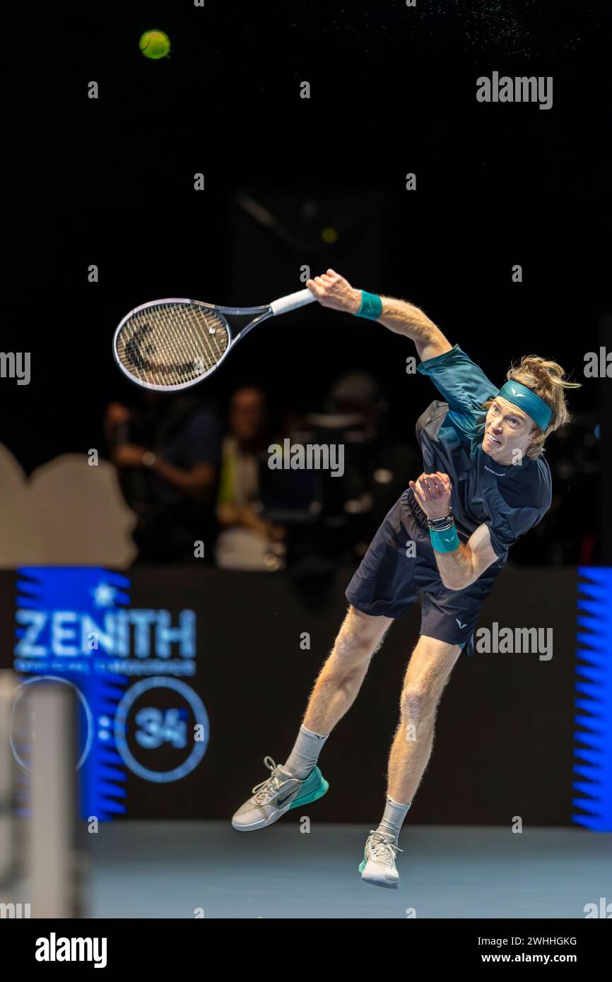 Oslo, Norway 10 February 2024 Andrey Rublev of Russia in action against Alex De Minaur of ...