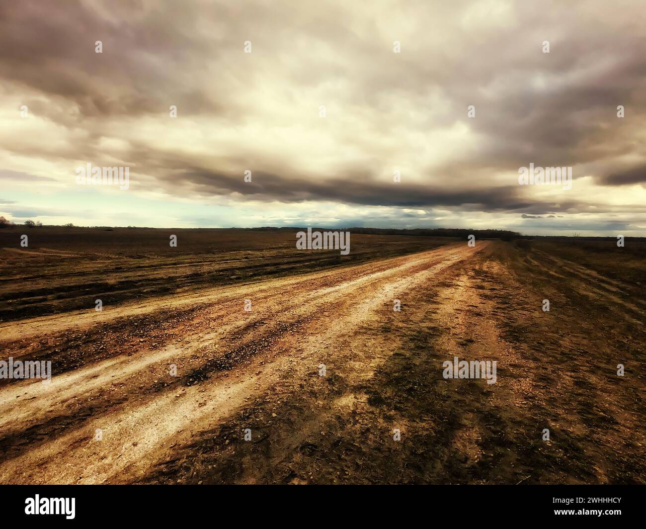 The image shows a dirt road stretching into the distance under a cloudy ...