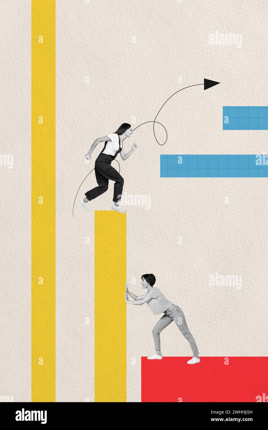 Vertical creative photo collage two young girls reach target ...