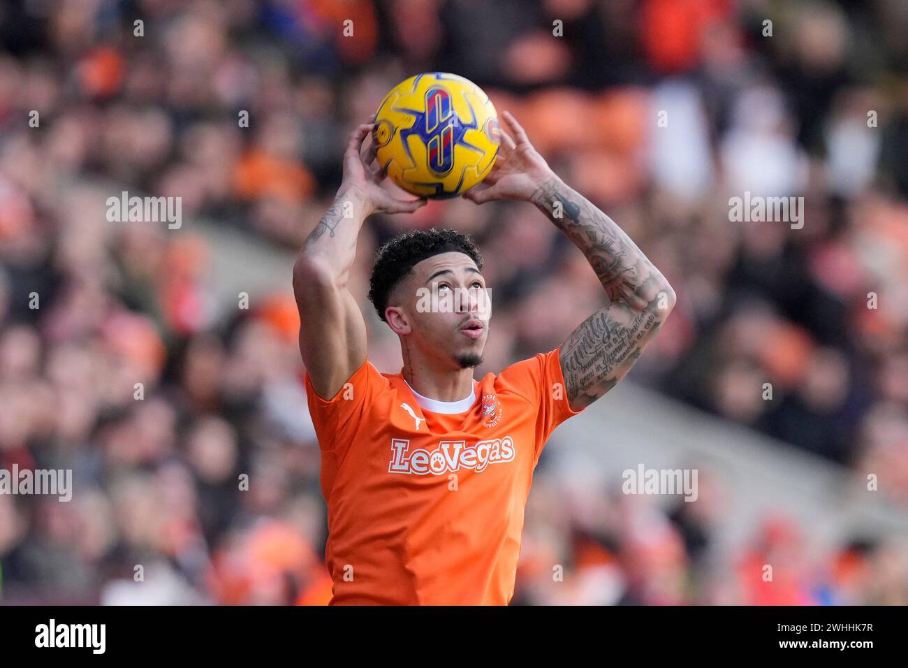 Jordan Lawrence-Gabriel of Blackpool takes a throw in during the Sky ...