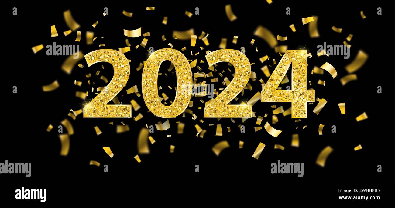 Golden confetti with the text 2024 on the black background.Eps 10 ...