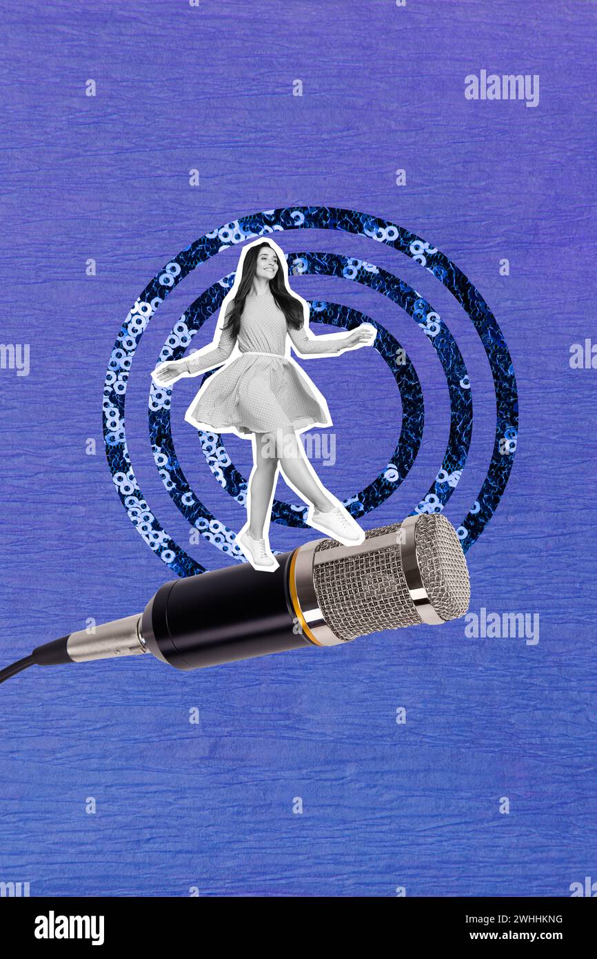 Vertical creative collage dancing carefree walking girl microphone ...