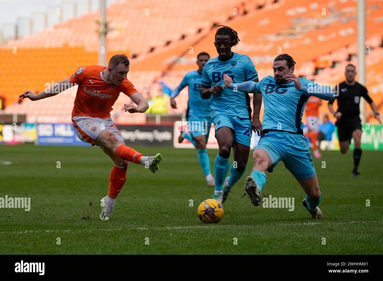 Shayne Lavery of Blackpool shoots goal wards during the Sky Bet League ...