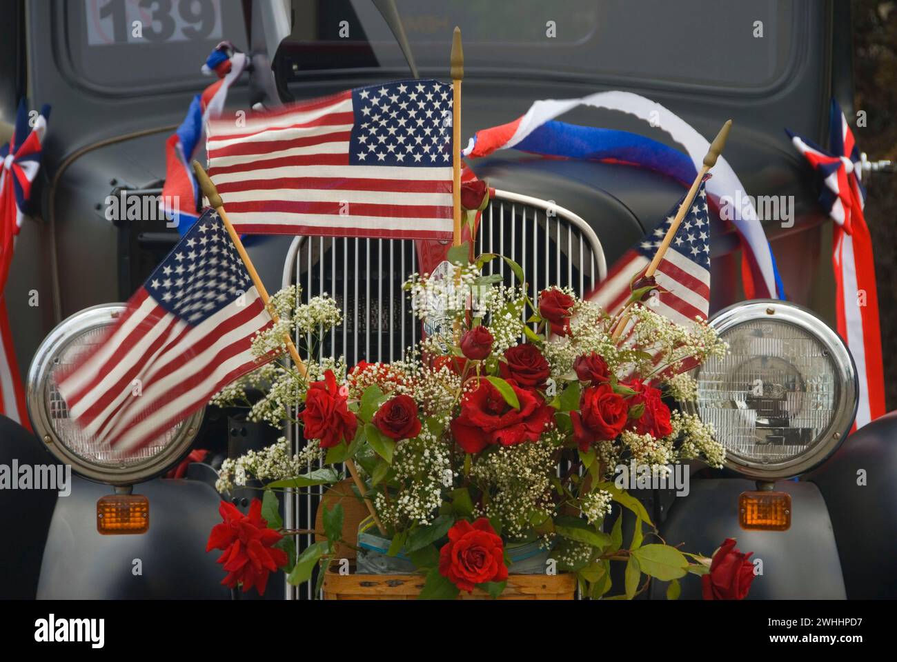 1937 Plymouth Pickup PT50 with American flags and roses, St Paul Rodeo ...