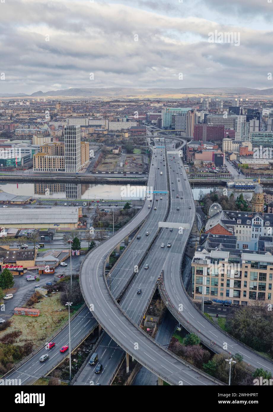 Aerial view of the Kingston Bridge over the River Clyde and M8, M74 ...
