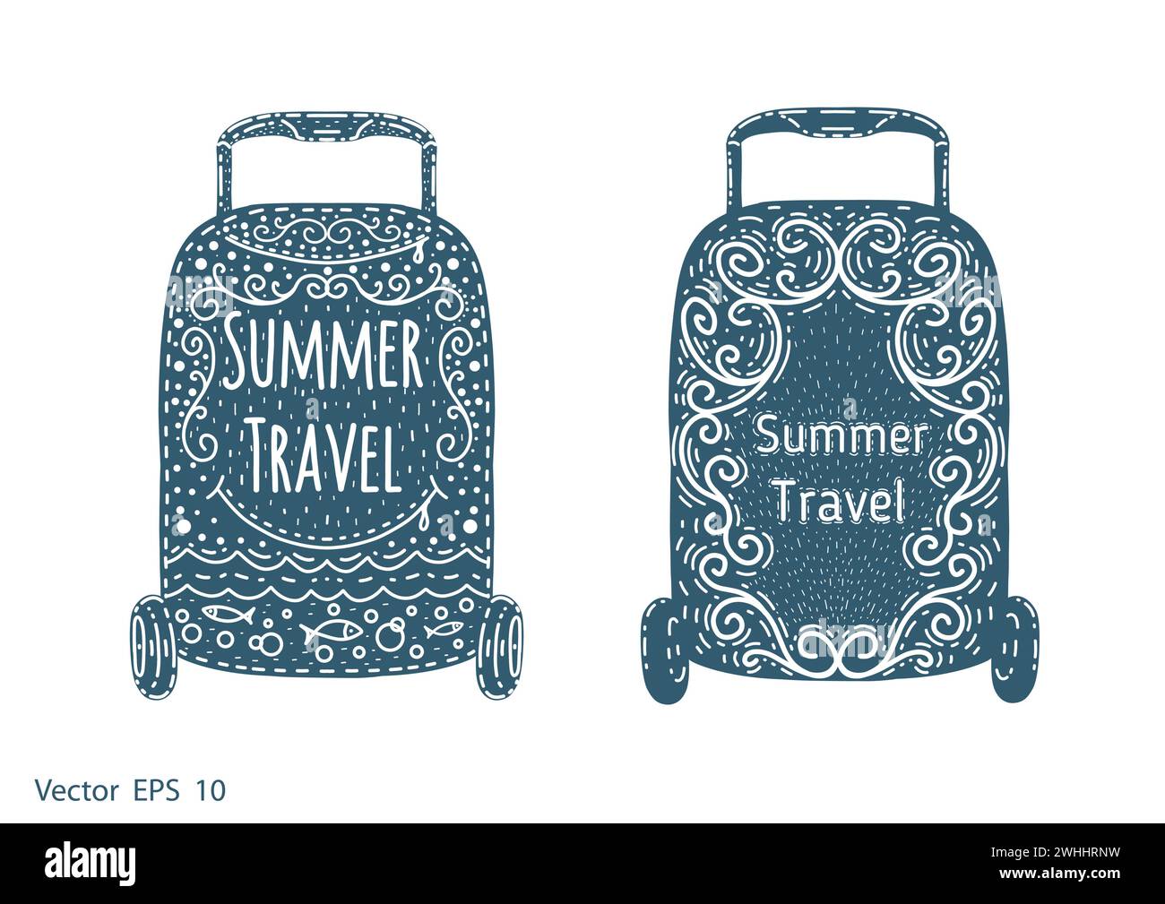 Set of drawn suitcases.Baggage for travel and summer vacation .Vector ...