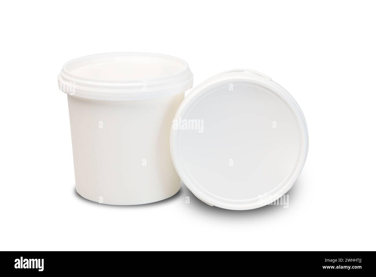 Two white plastic food buckets with lid isolated on white background ...
