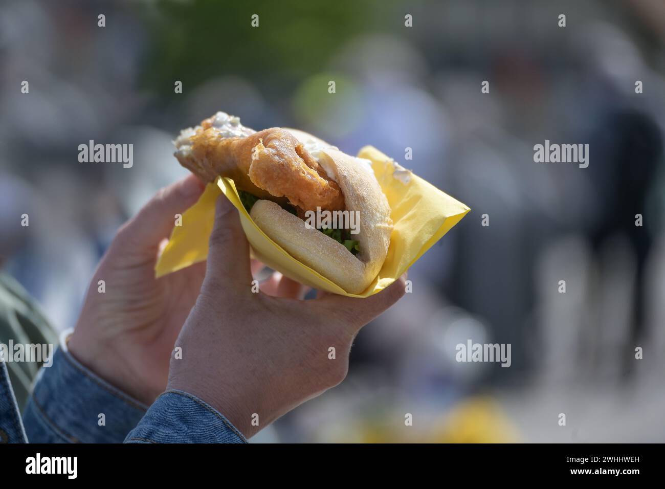 Hands holding a bread roll with baked fish, in Germany called ...