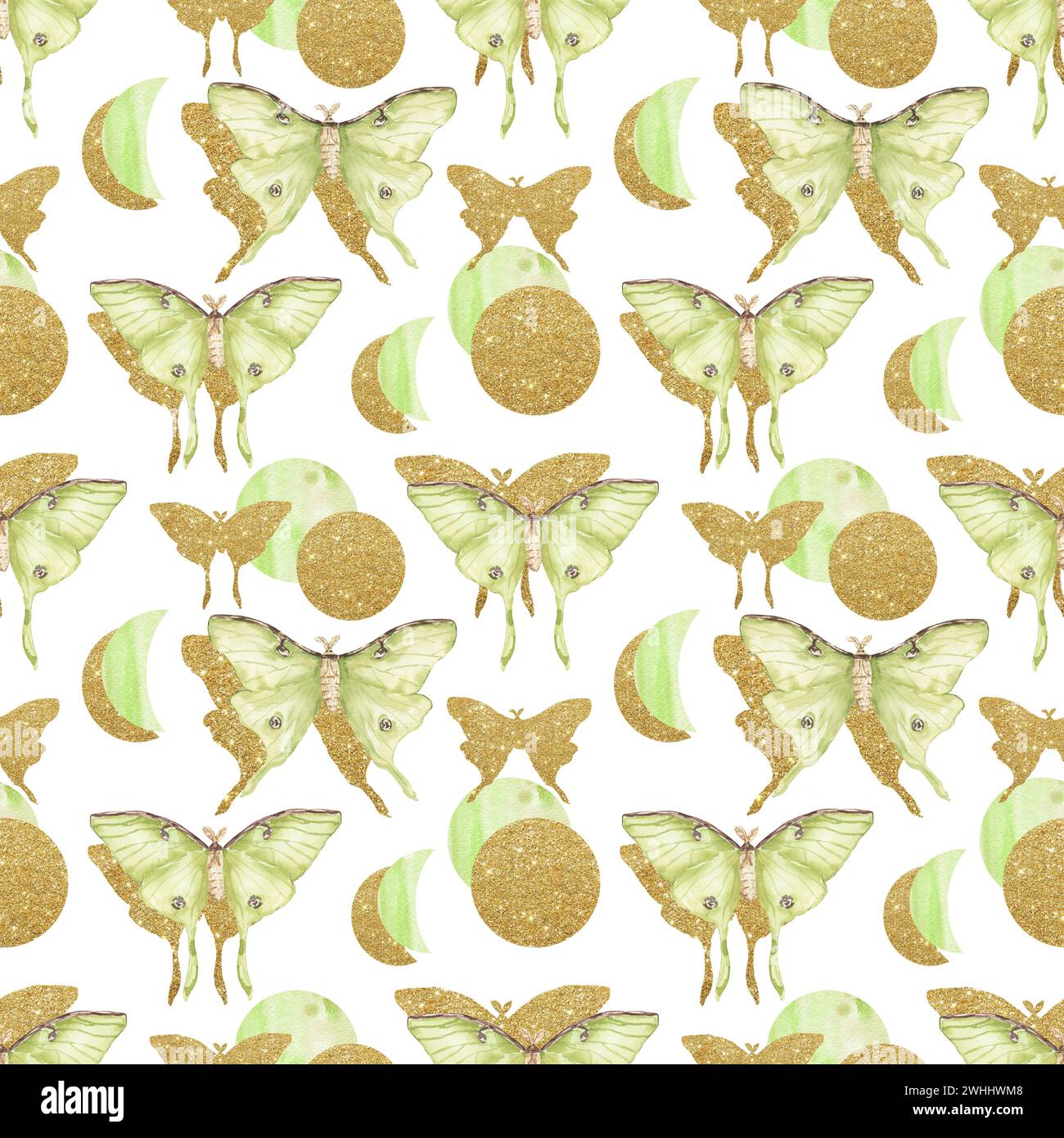 Watercolor luna moth seamless pattern, golden butterfly repeat paper ...