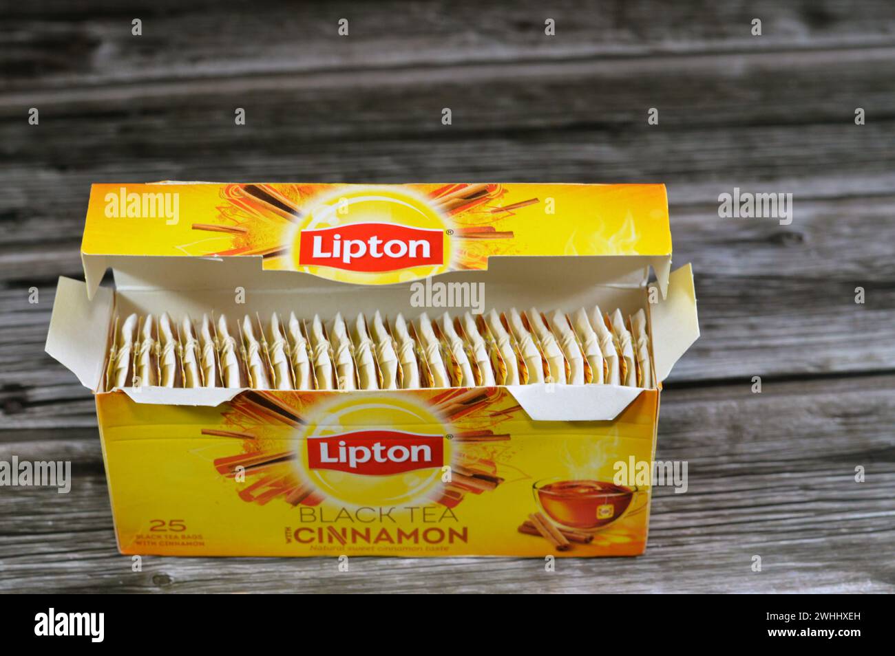 Cairo, Egypt, February 7 2024: Lipton black tea with cinnamon bags, sum ...
